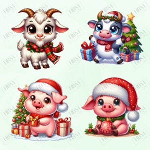 Cute Christmas Farm Animals Clipart Bundle, Festive Baby Cow Sticker ...