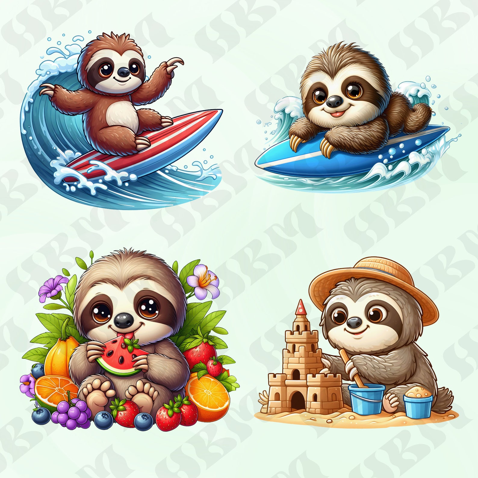 Cute Cartoon Summer Sloth Clipart Bundle, Surf Nursery Decor, Beach ...