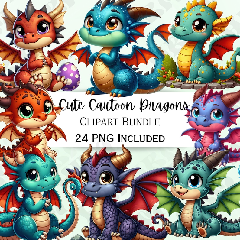 22 Cute Cartoon Dragons Clipart Bundle, Fantasy Nursery Decor, Mythical ...