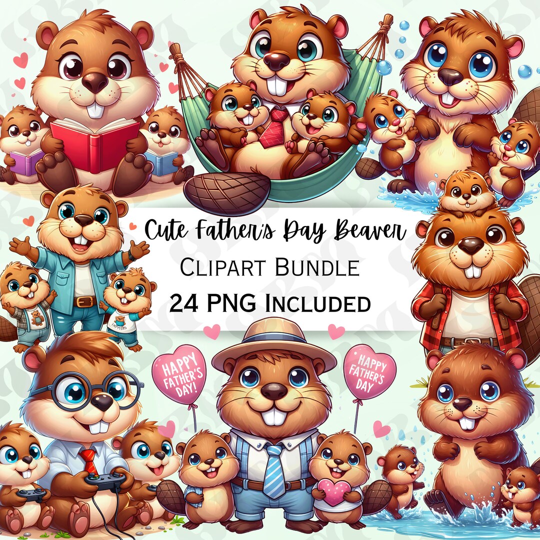 Cute Father's Day Beavers Clipart Bundle, Sweet Cartoon Woodland ...
