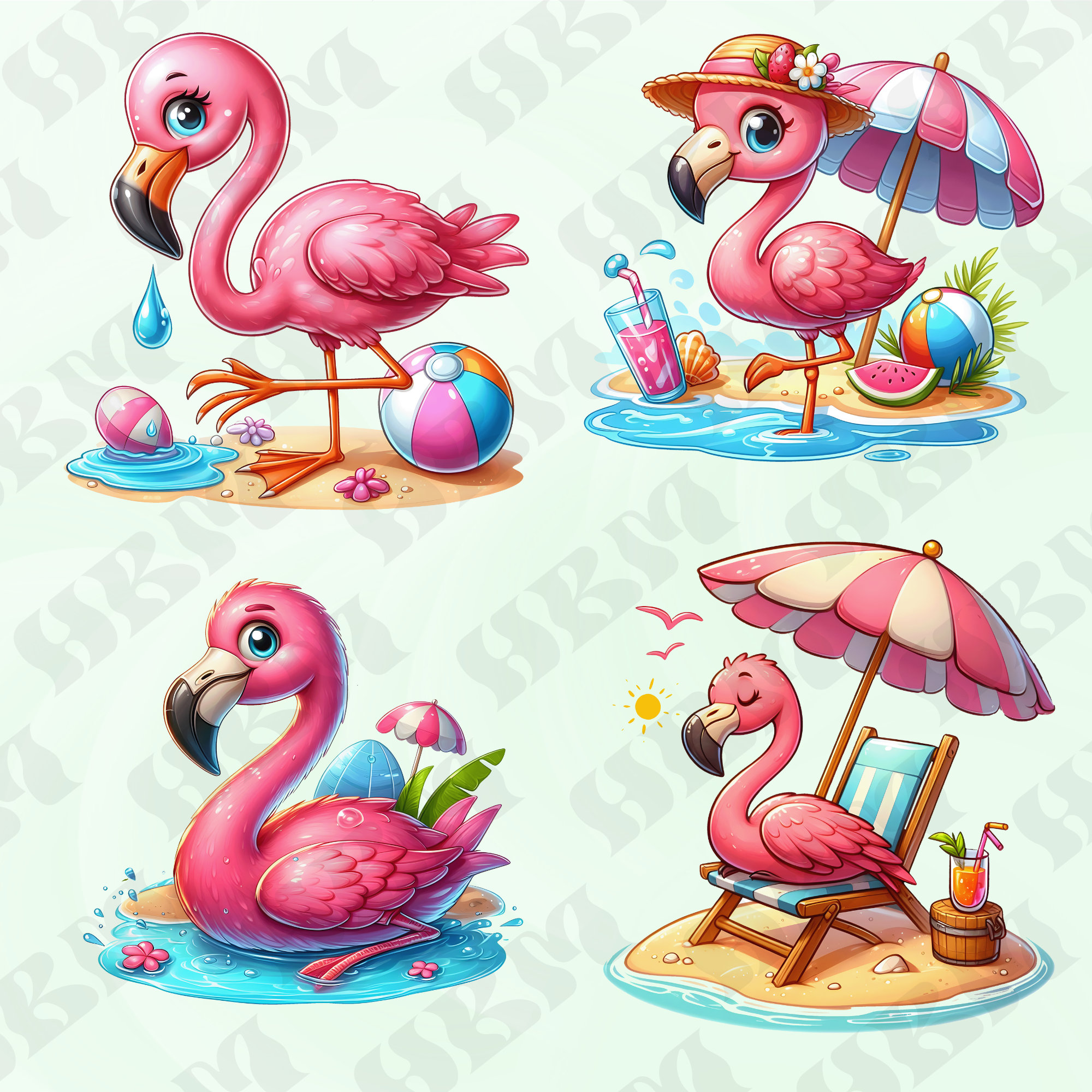 24 Cute Cartoon Flamingo Summer Clipart Bundle, Surf Nursery Decor ...