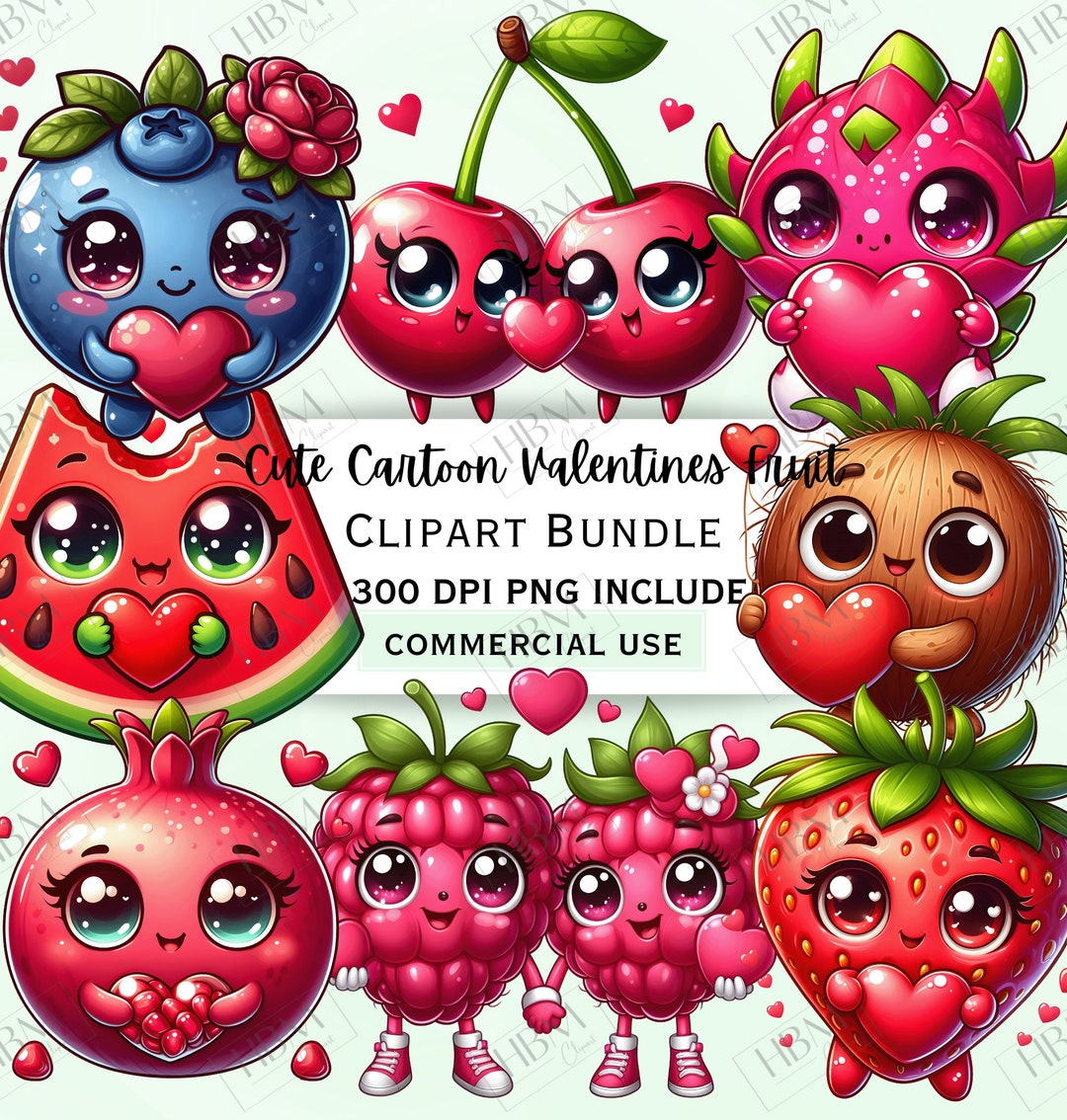 Cute Cartoon Valentine's Fruits Clipart Bundle, Kawaii Love Sticker ...