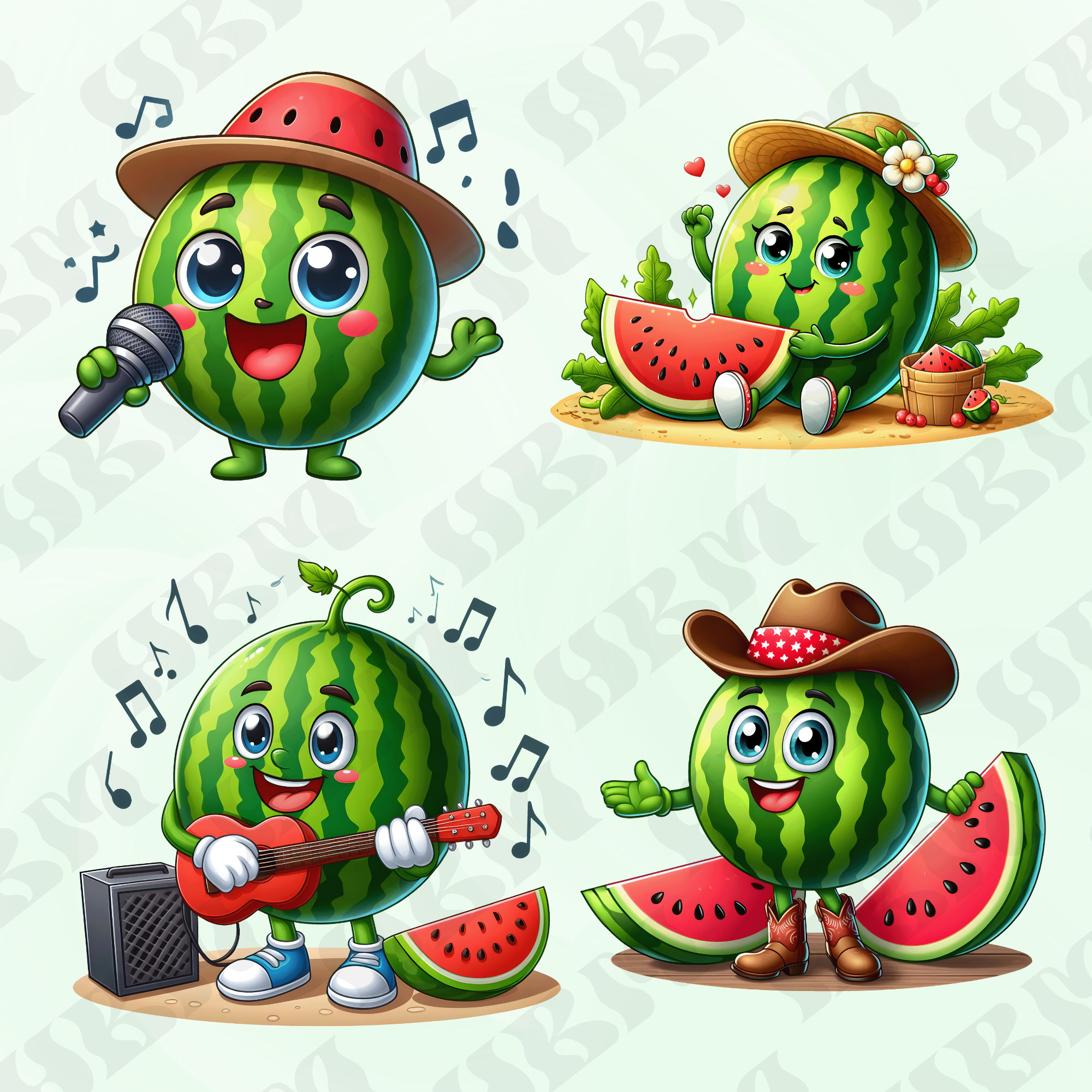 Cute Cartoon Watermelon Clipart Bundle, Tropical Fruit Sticker ...