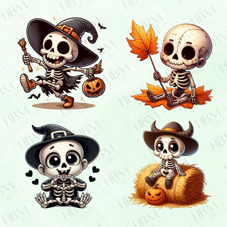 Cute Cartoon Halloween Skeleton Clipart Bundle, Spooky Bones Stickers ...
