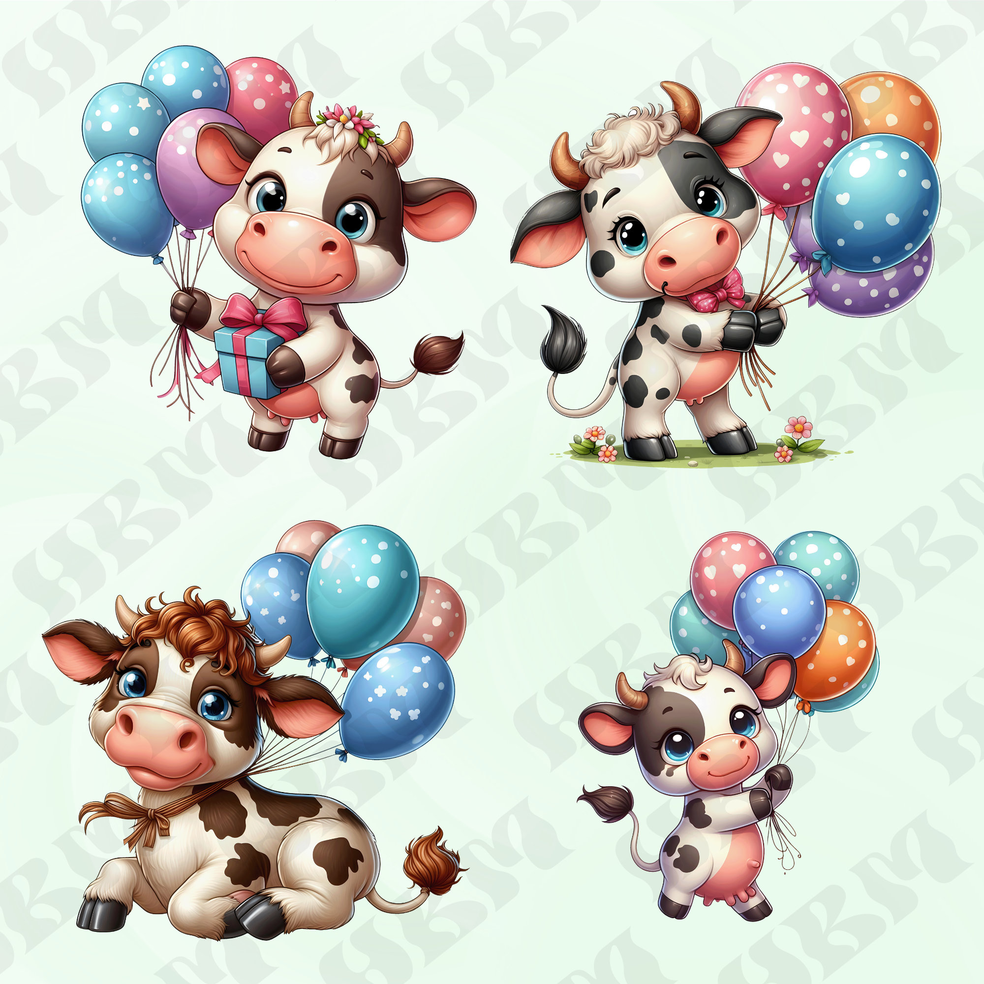 24 Cute Party Cow Clipart Bundle, Cartoon Balloon Sticker, Adorable ...