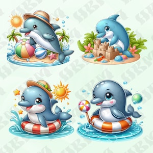 Cute Cartoon Summer Dolphin Clipart Bundle, Surf Nursery Decor, Beach ...