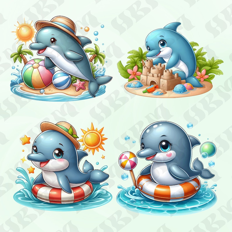 Cute Cartoon Summer Dolphin Clipart Bundle, Surf Nursery Decor, Beach ...