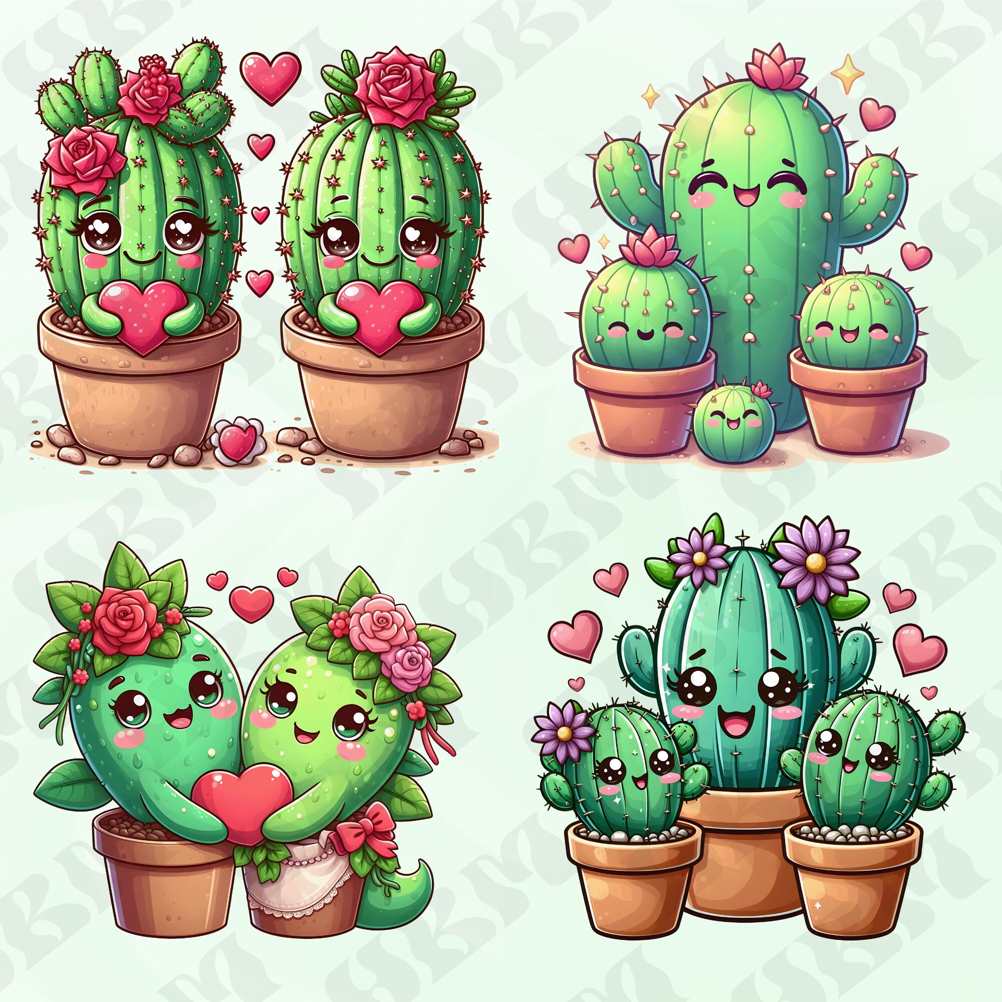 24 Cute Valentines Day Cactus Clipart Bundle, Cacti Card Making, Plant ...