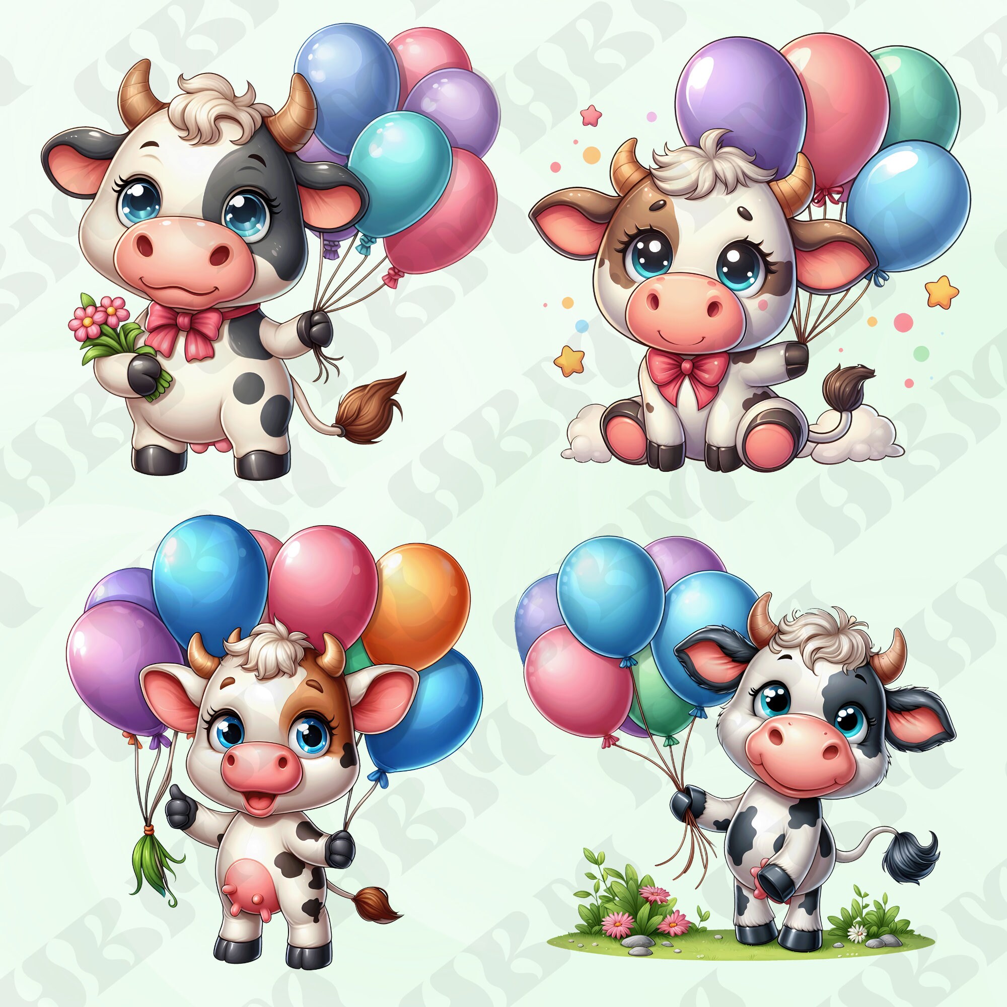 24 Cute Party Cow Clipart Bundle, Cartoon Balloon Sticker, Adorable ...