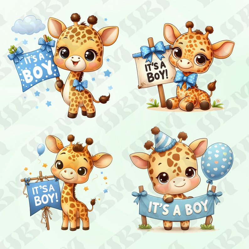 Cute It's a Boy Giraffe Clipart Bundle, Birth Announcement, Blue ...