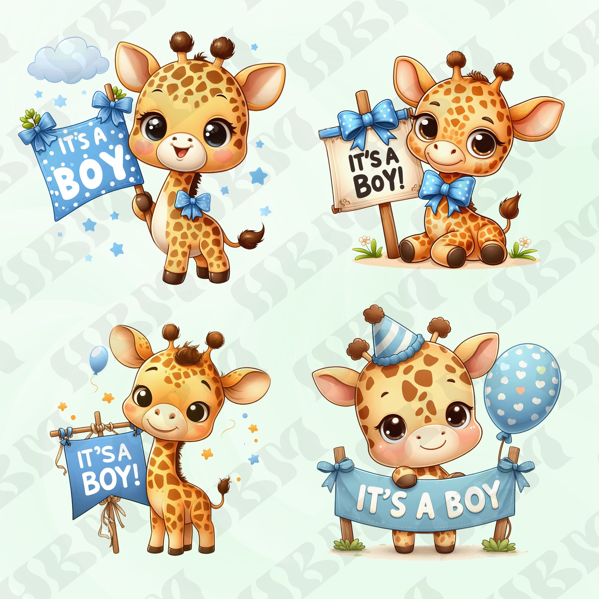 Cute It's a Boy Giraffe Clipart Bundle, Birth Announcement, Blue ...