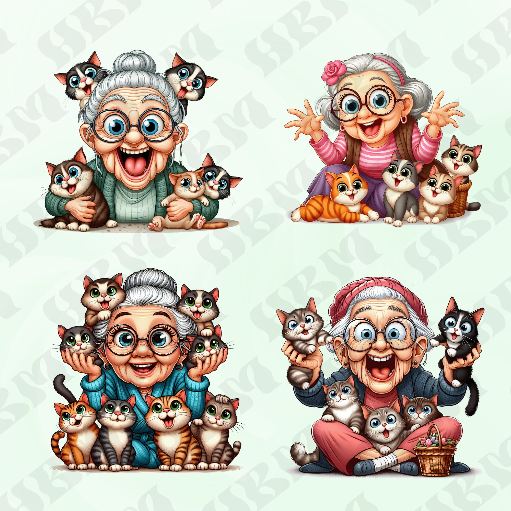Funny Crazy Cat Lady Clipart Bundle, Witty Stickers, Whimsical Cartoon ...