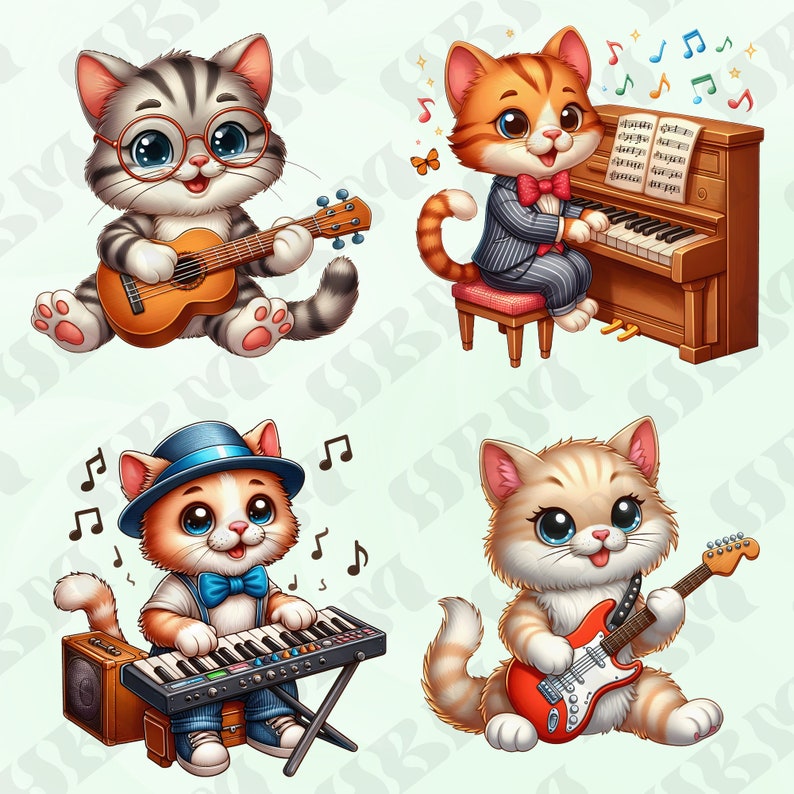 24 Cute Cartoon Cats Playing Instruments Clipart Bundle, Kitten ...