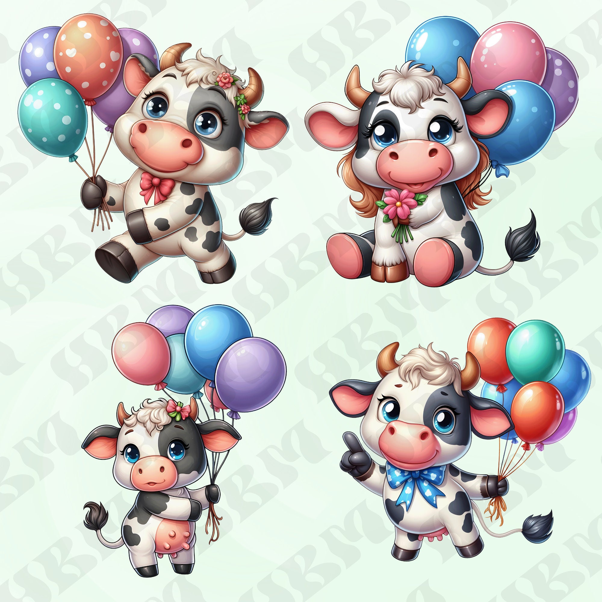 24 Cute Party Cow Clipart Bundle, Cartoon Balloon Sticker, Adorable ...