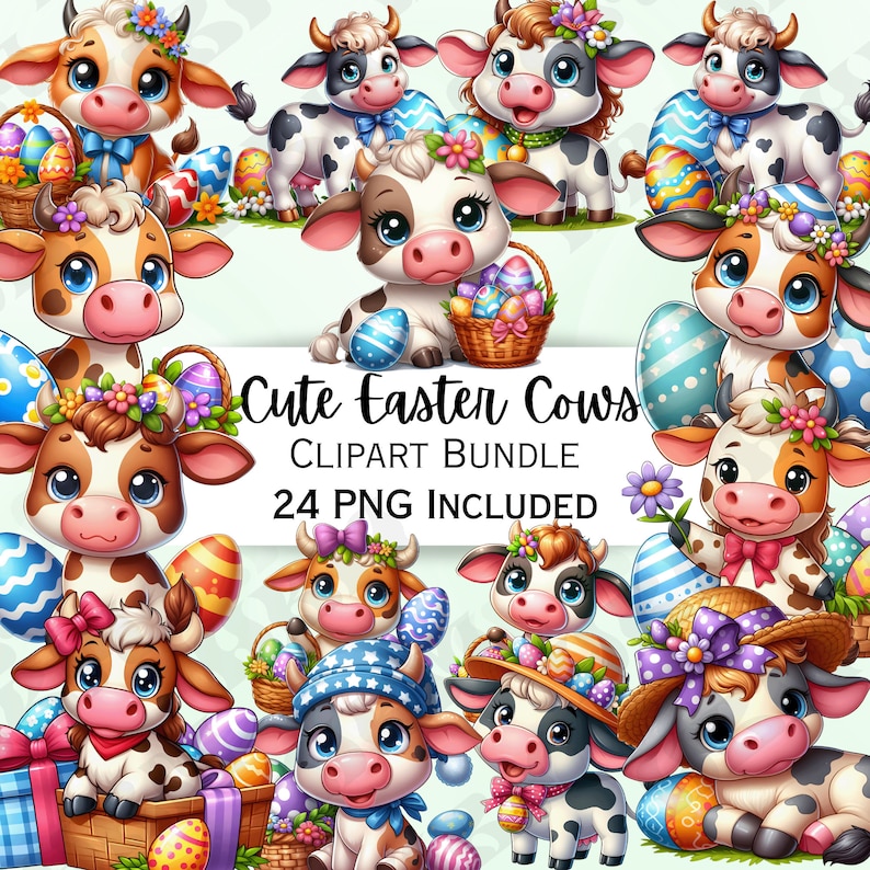 24 Cute Easter Cows Clipart Bundle, Cattle Stickers, Adorable Baby Wall ...