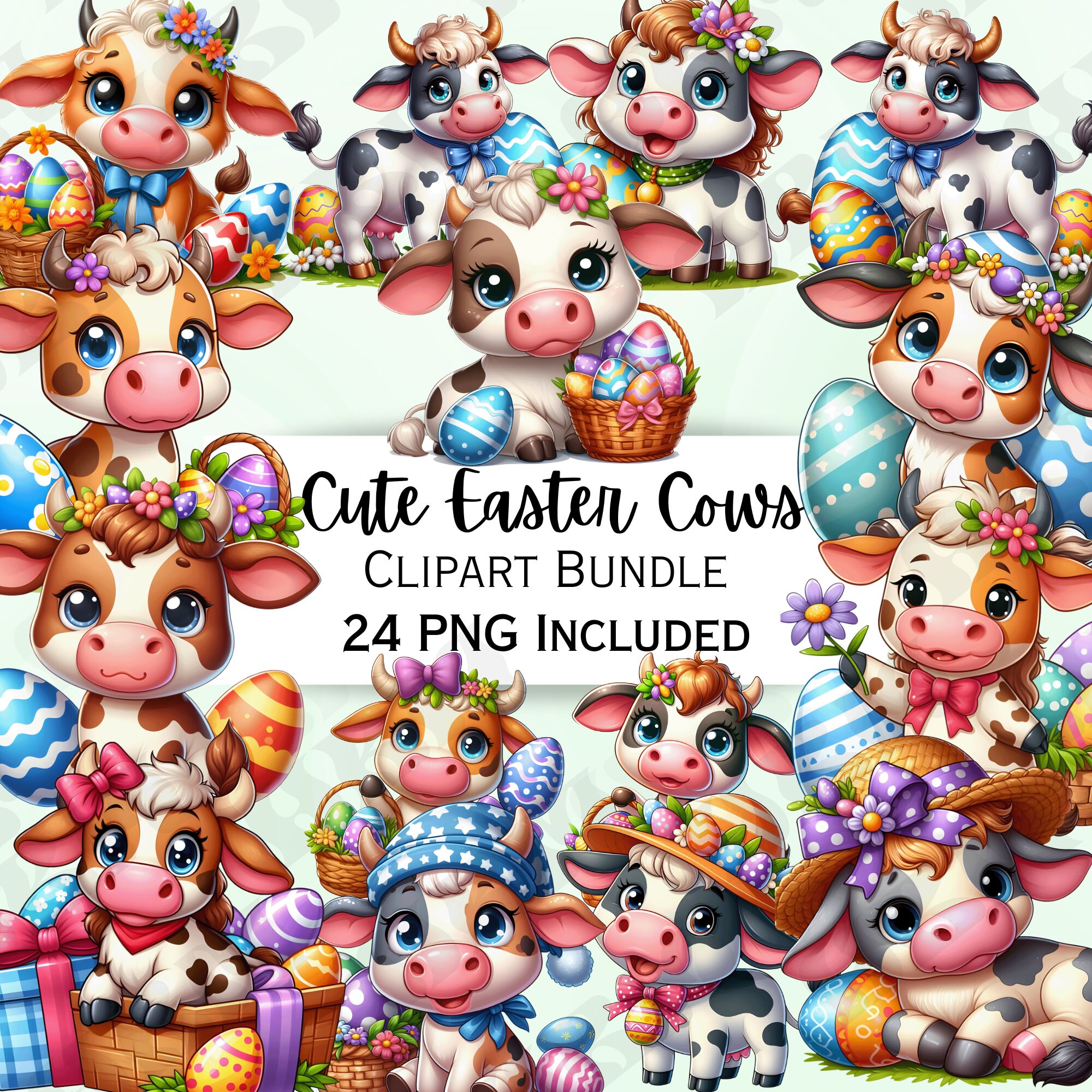 24 Cute Easter Cows Clipart Bundle, Cattle Stickers, Adorable Baby Wall ...