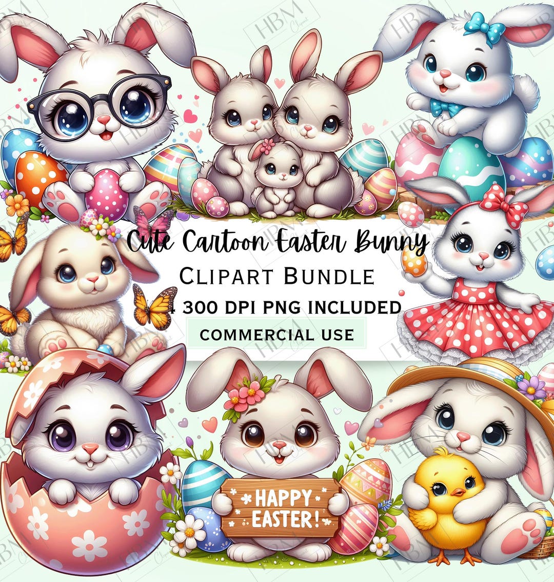 Cute Cartoon Easter Bunny Clipart Bundle, Joyful Chick Sticker ...