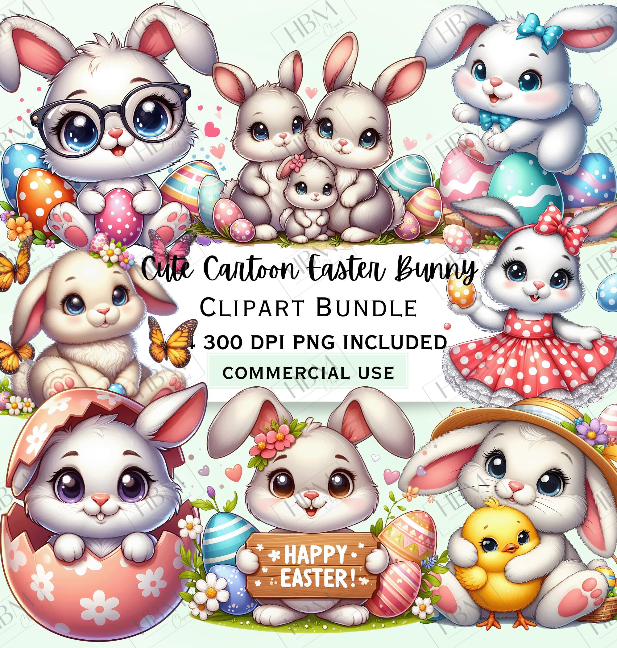 Cute Cartoon Easter Bunny Clipart Bundle, Joyful Chick Sticker ...