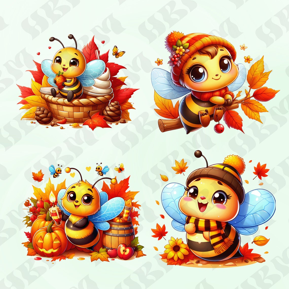 Cute Cartoon Autumn Bees Clipart Bundle, Fall Nursery Decor, Leaves ...