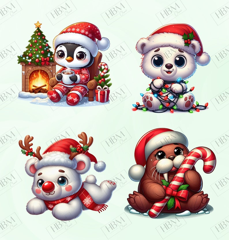 Cute Christmas Arctic Animals Clipart Bundle, Festive Cartoon Baby Snow ...