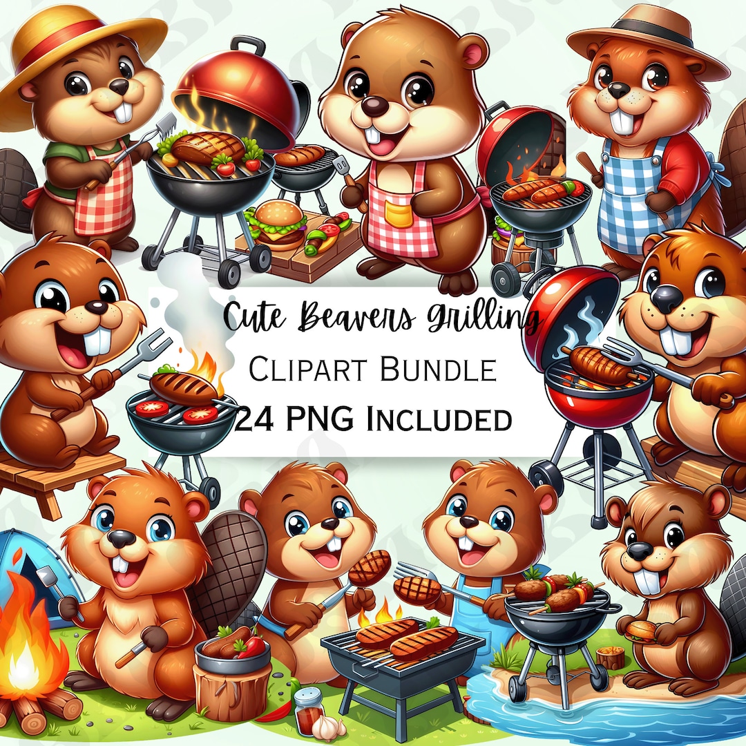 Cute Beaver Grilling Clipart Bundle, Barbecue Nursery Decor, Outdoor ...