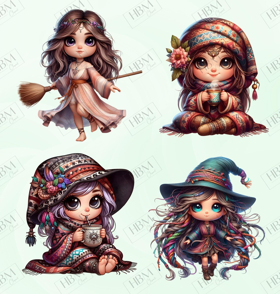 Cute Cartoon Boho Witches Clipart Bundle, Magical Witchy Art, Floral ...