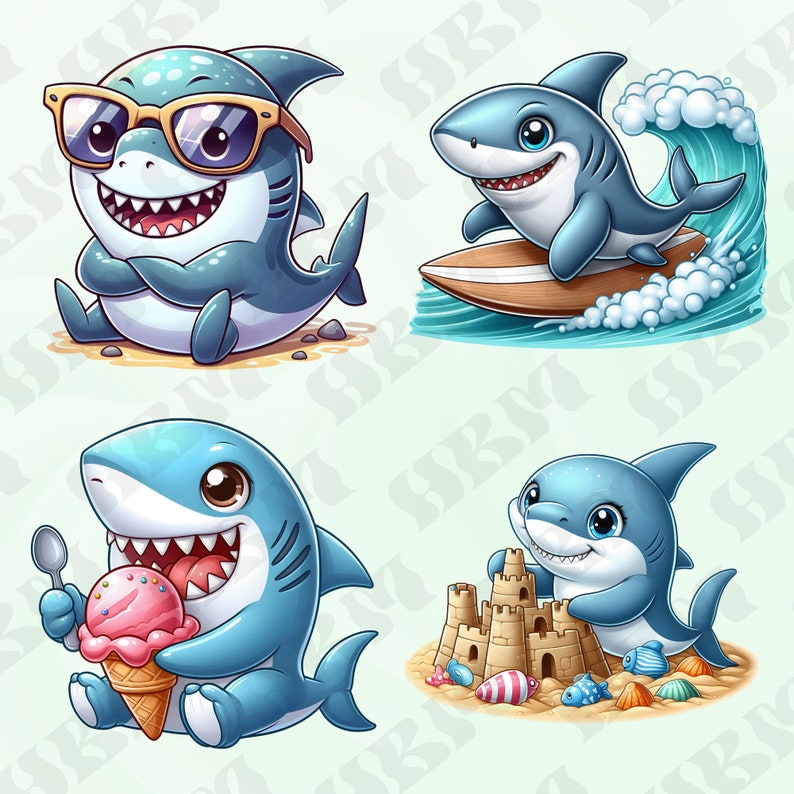 Cute Cartoon Summer Shark Clipart Bundle, Surf Nursery Decor, Beach ...