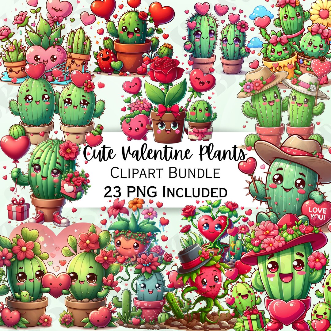Cute Valentine's Day Cactus Clipart Bundle, Plant Sticker, Adorable ...