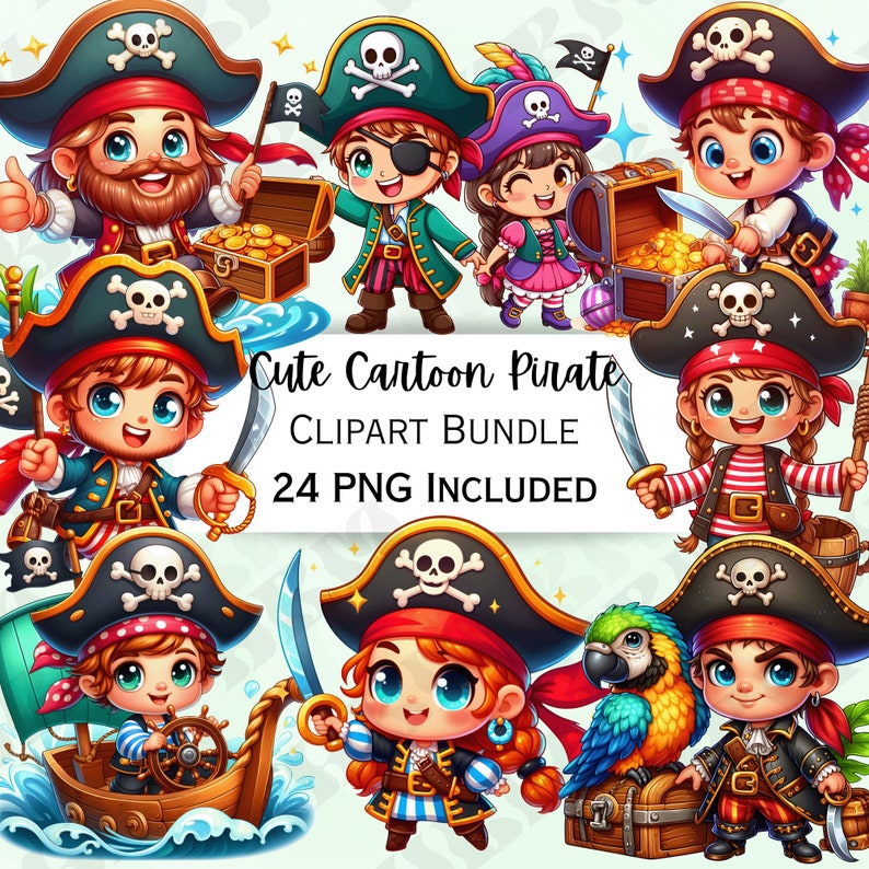Cute Cartoon Pirate Clipart Bundle, Treasure Chest Sticker, Adorable ...