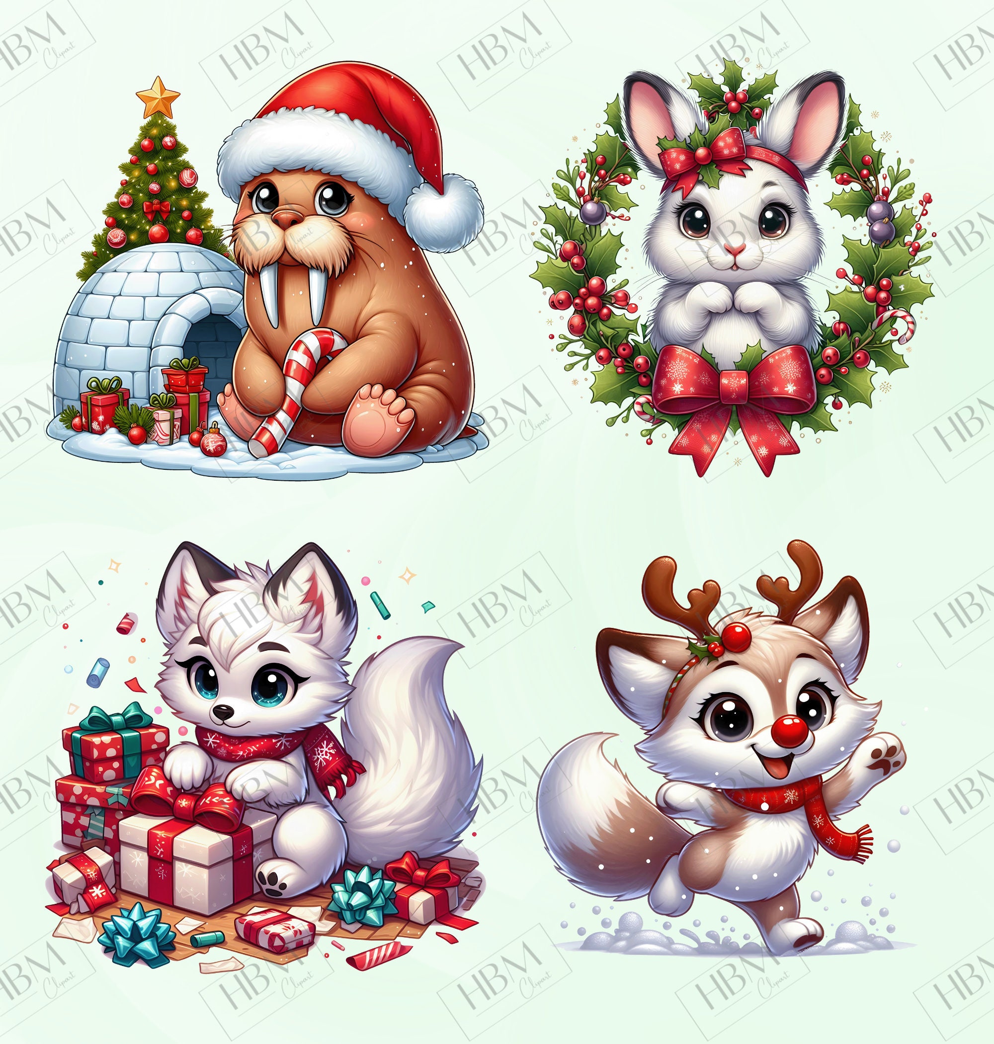 Cute Christmas Arctic Animals Clipart Bundle, Festive Cartoon Baby Snow ...