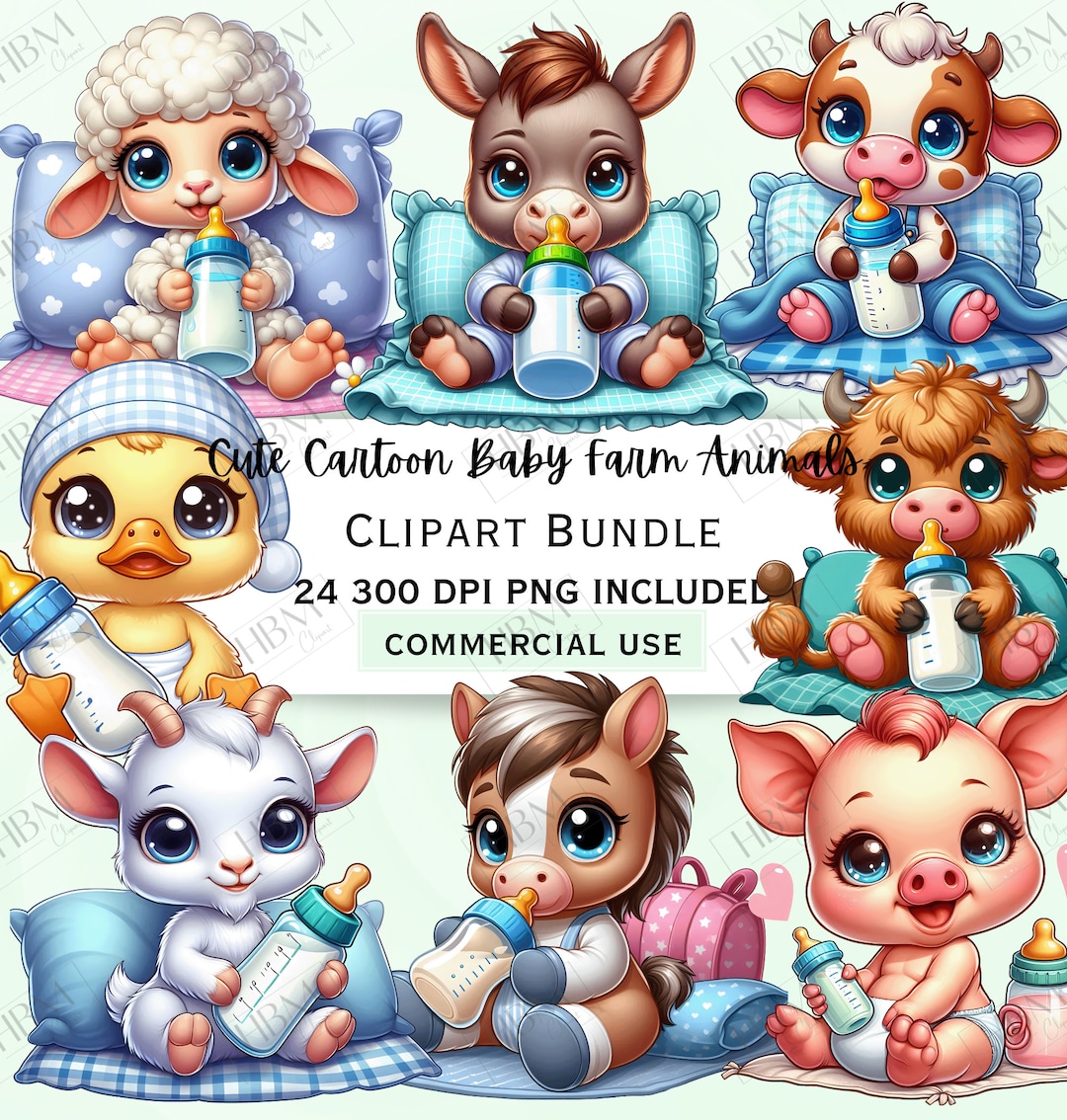 Cute Cartoon Baby Farm Animals Clipart Bundle, Sheep Sticker, Adorable ...