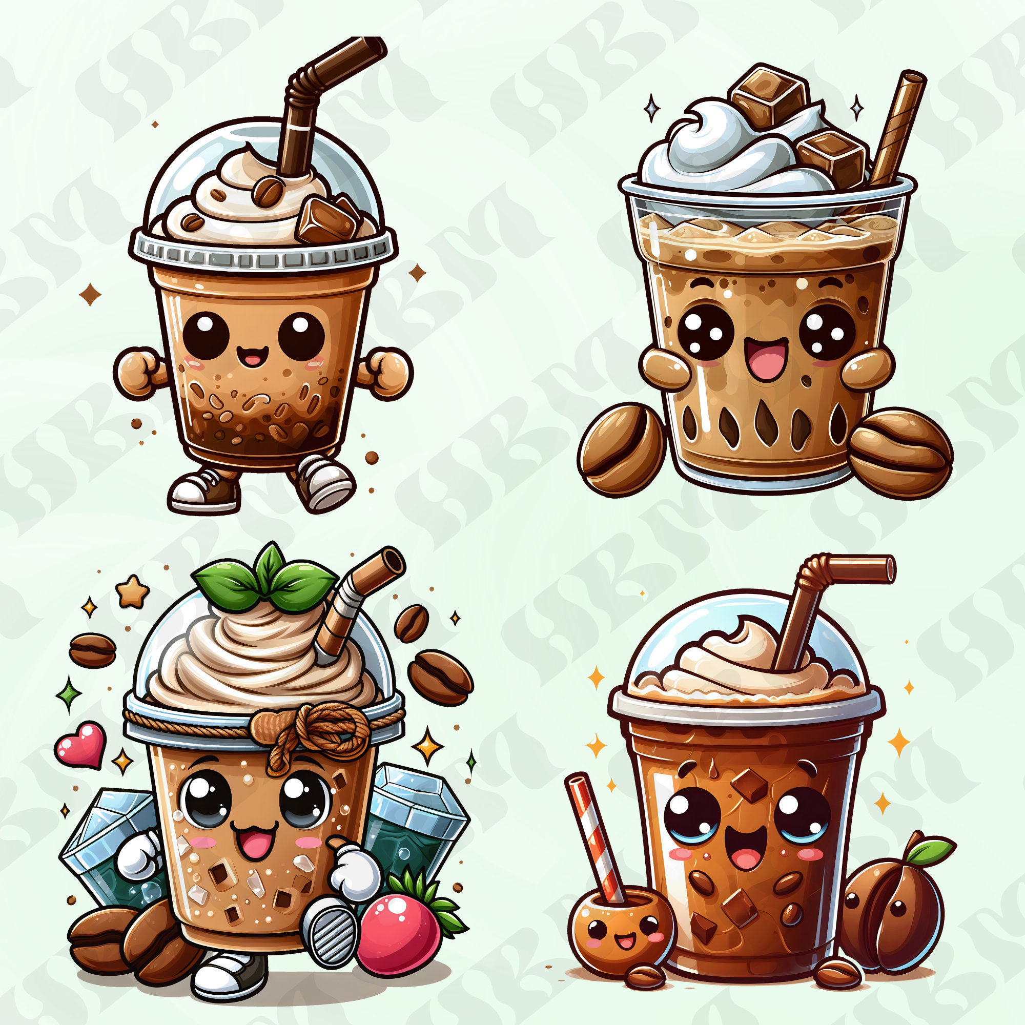 21 Cute Iced Coffee Characters Clipart Bundle, Caffeine Card Making ...
