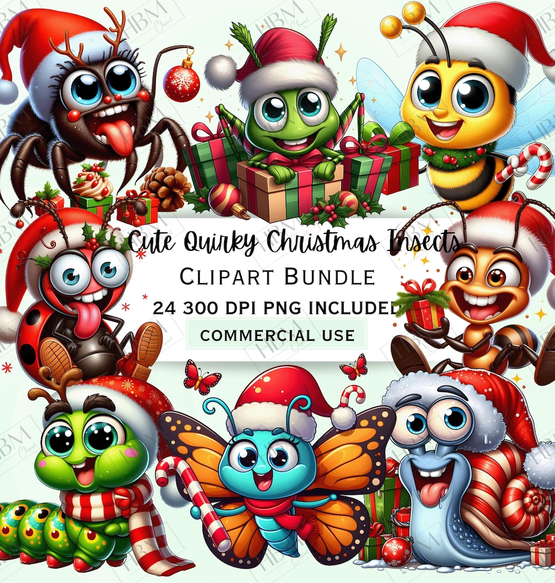 Cute Cartoon Quirky Christmas Insects Clipart Bundle, Festive Baby Bug ...