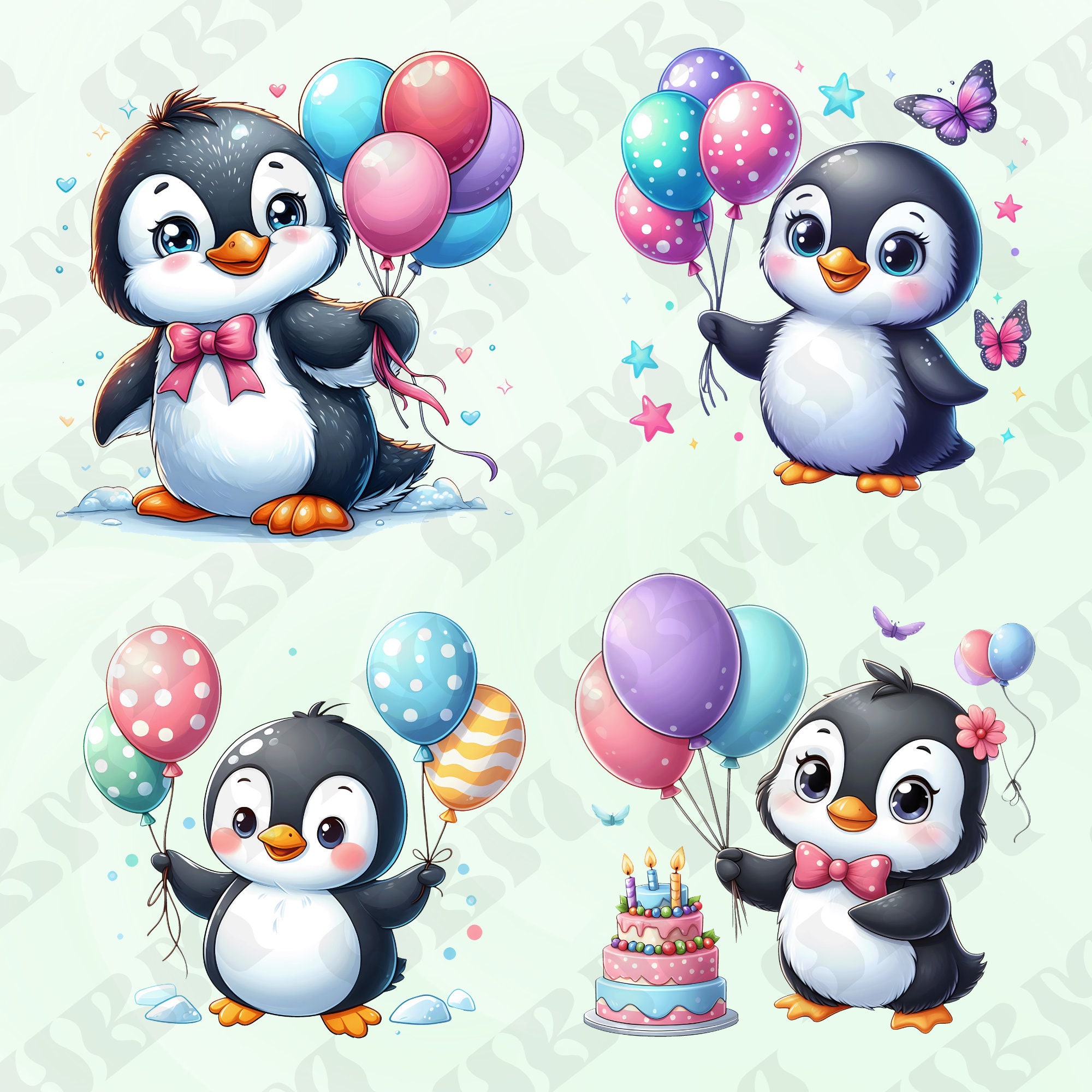 28 Cute Party Penguins Clipart Bundle, Cartoon Balloon Sticker ...