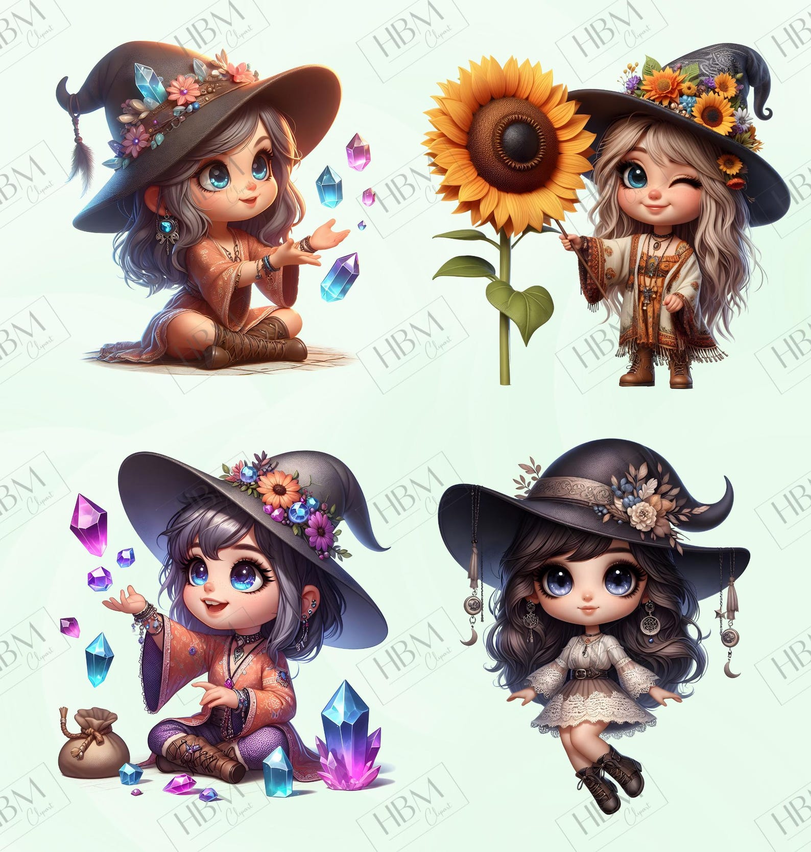 Cute Cartoon Boho Witches Clipart Bundle, Magical Witchy Art, Floral ...