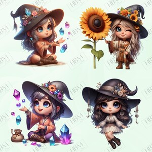 Cute Cartoon Boho Witches Clipart Bundle, Magical Witchy Art, Floral ...
