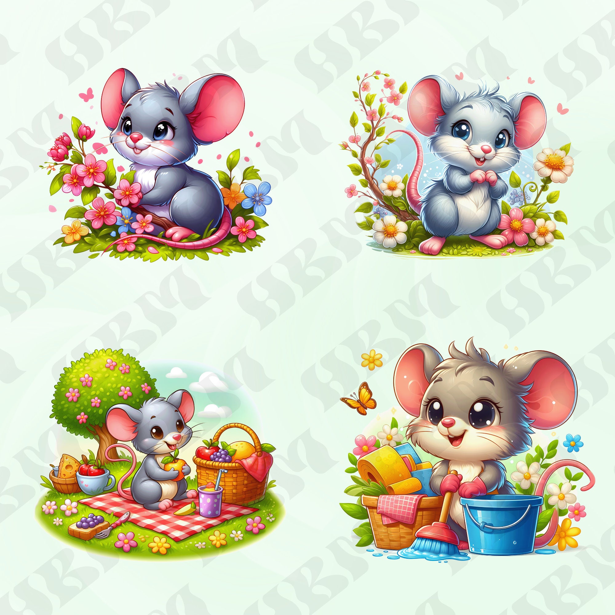Cute Cartoon Spring Mouse Clipart Bundle, Cheerful Nursery Decor ...