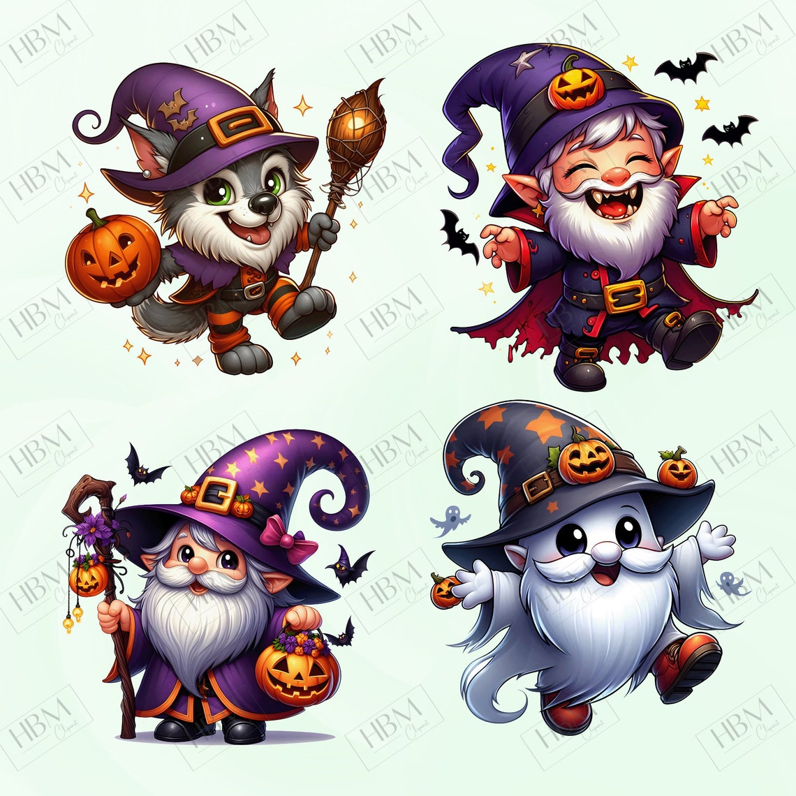 Spooky Cartoon Halloween Gnomes Clipart Bundle, Pumpkin Stickers ...