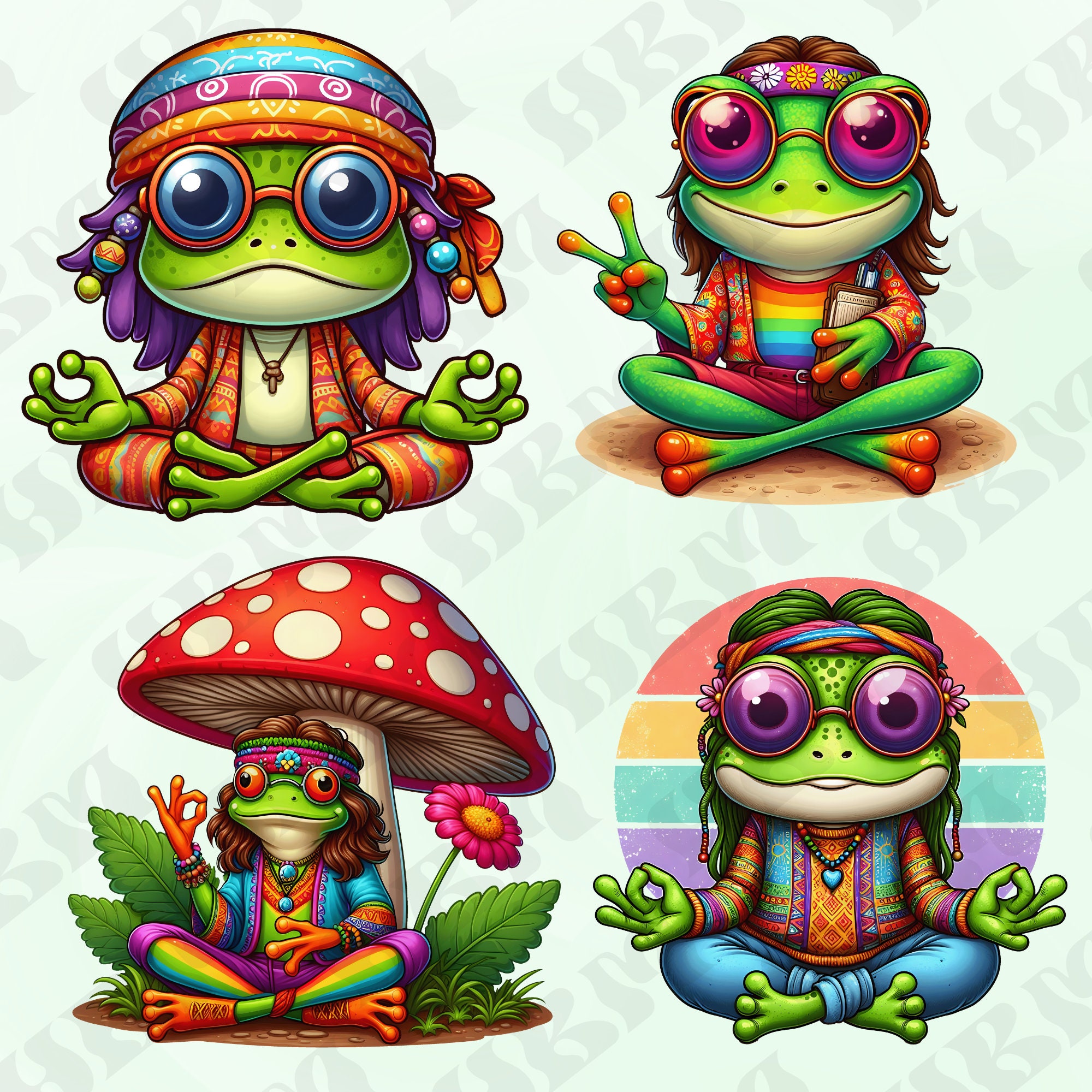 24 Cute Hippie Frogs Clipart Bundle, Tadpole Stickers, Adorable Wall ...