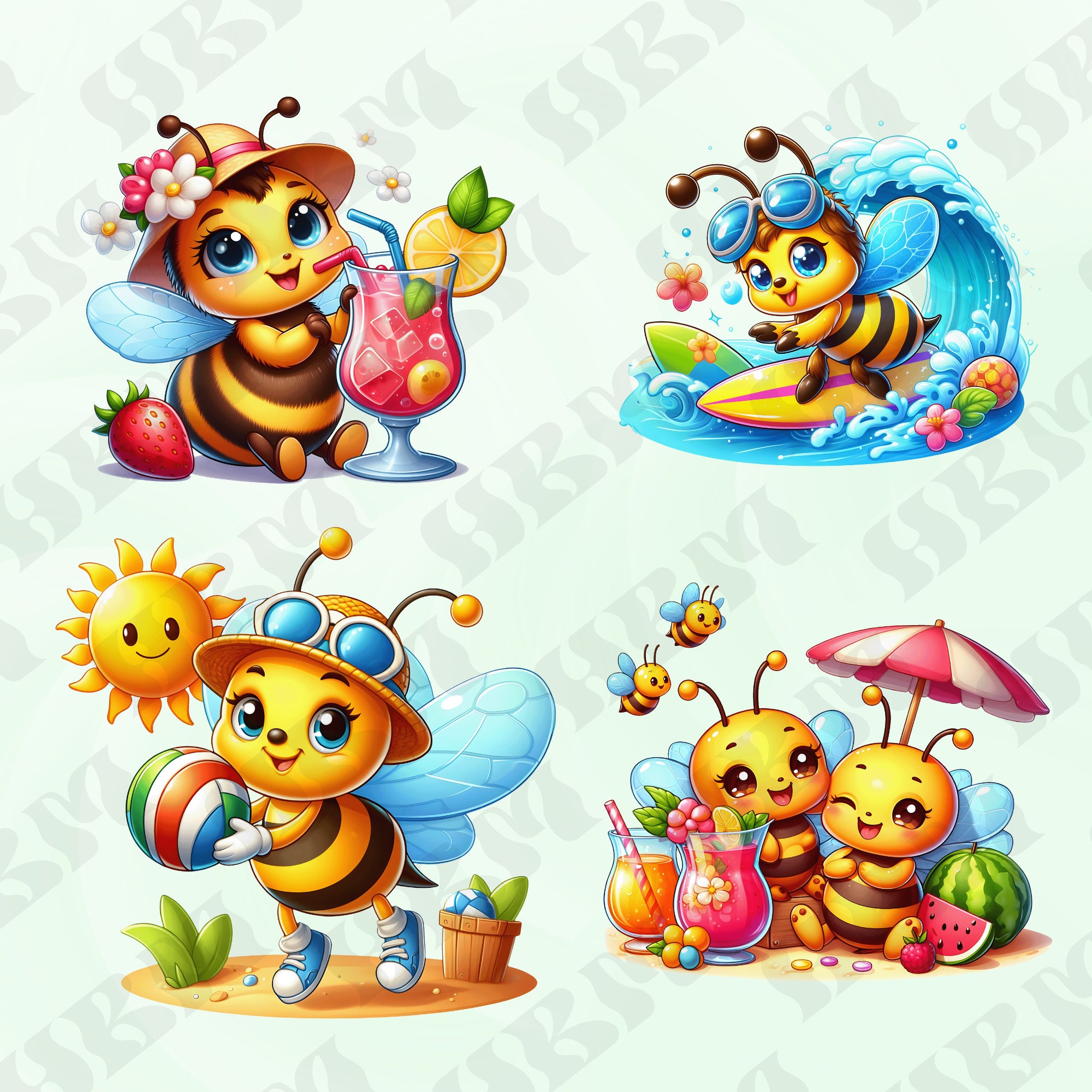 Cute Cartoon Bees Summer Clipart Bundle, Surf Nursery Decor, Beach Baby ...