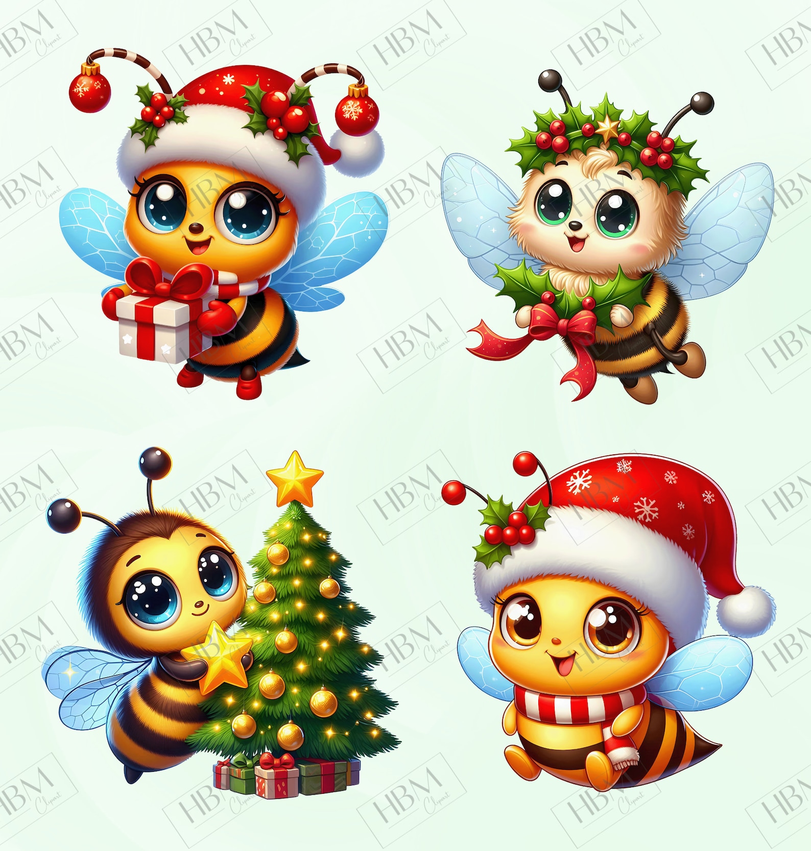 Cute Cartoon Christmas Bees Clipart Bundle, Festive Baby Animal Sticker ...
