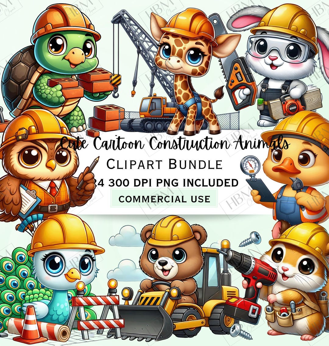 Cute Cartoon Construction Animals Clipart Bundle, Whimsical Builder ...