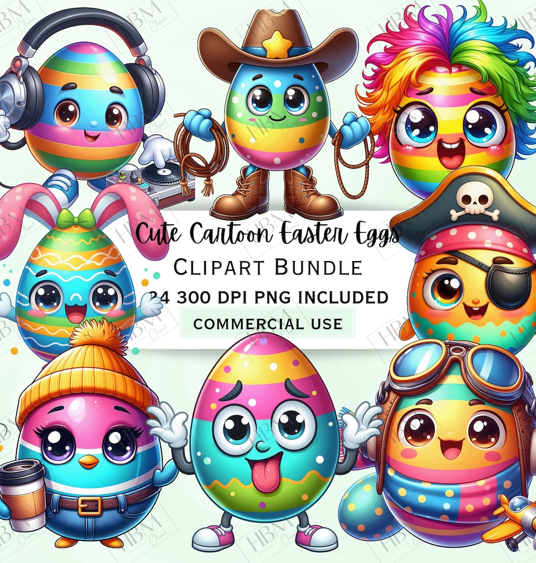 Cute Cartoon Easter Eggs Clipart Bundle, Adorable Vibrant Graphic ...
