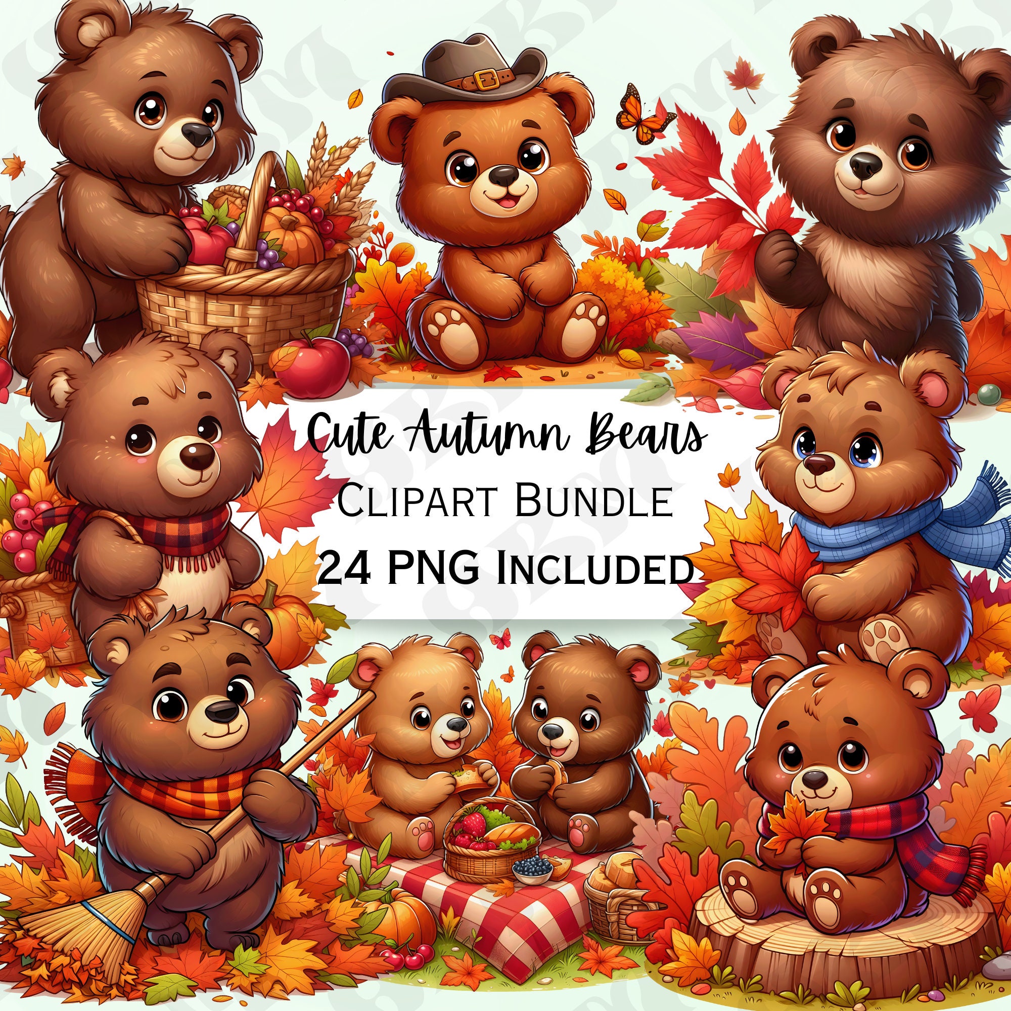 Cute Cartoon Autumn Bears Clipart Bundle, Fall Nursery Decor, Leaves ...