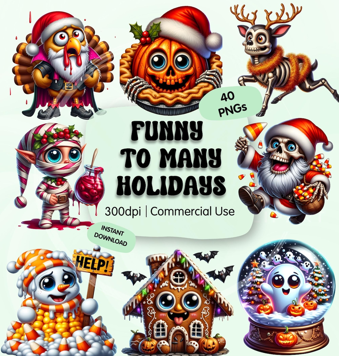 Funny Holiday Mashup Clipart Bundle, Halloween Christmas Thanksgiving ...