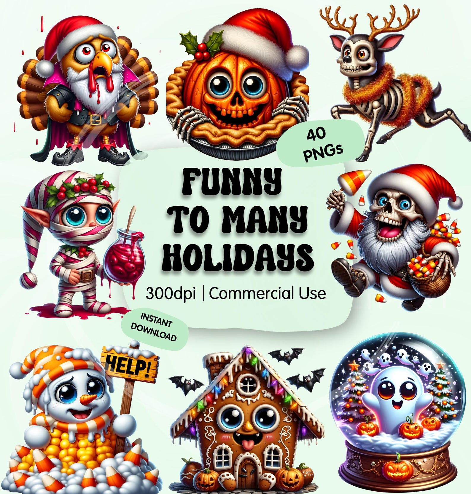 Funny Holiday Mashup Clipart Bundle, Halloween Christmas Thanksgiving ...