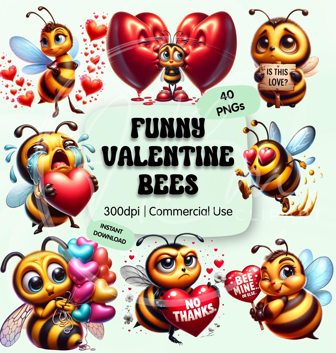 Funny Valentine Bee Clipart PNG Bundle, Cute Love Bees Sticker, Anti ...