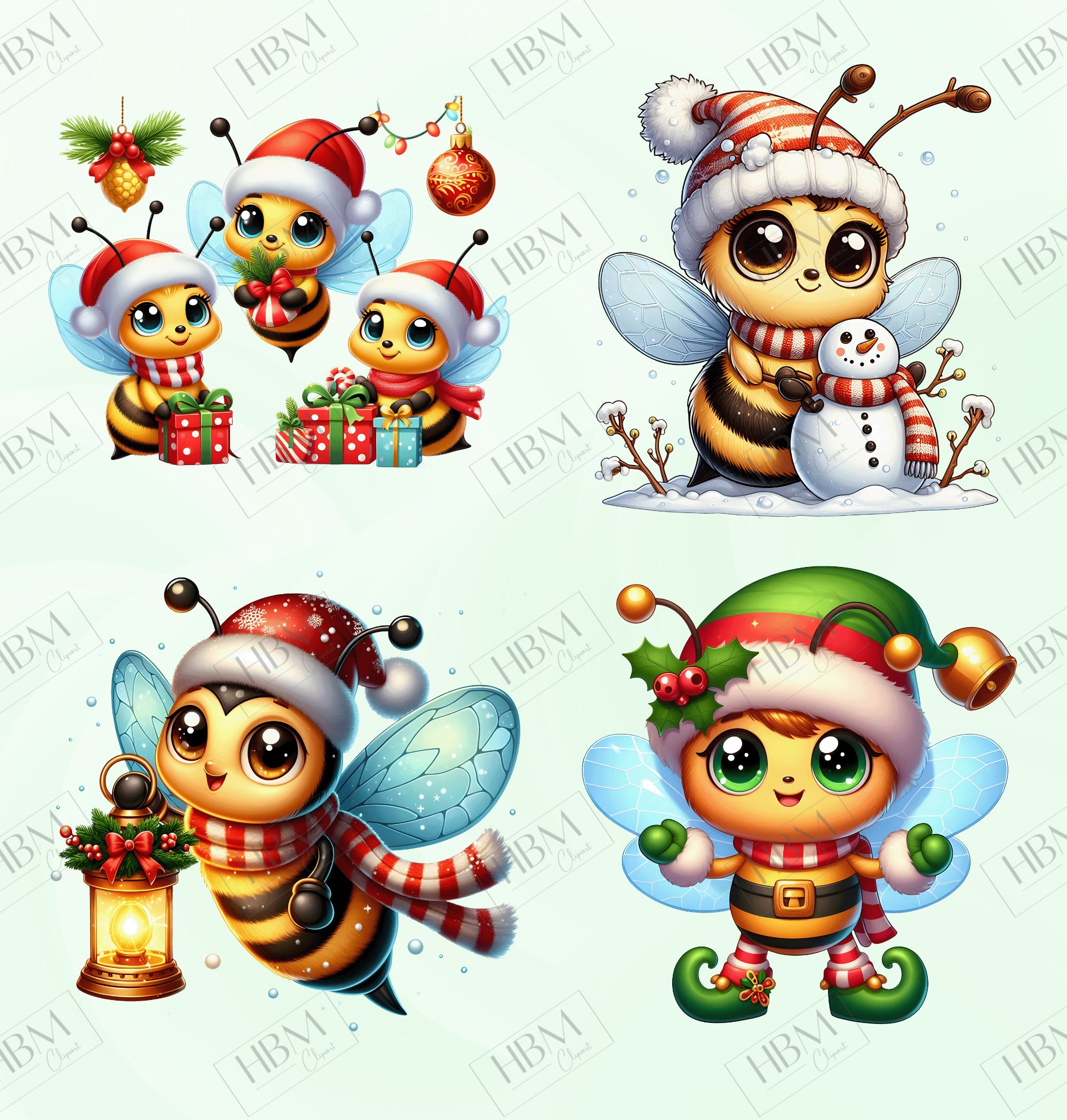 Cute Cartoon Christmas Bees Clipart Bundle, Festive Baby Animal Sticker ...