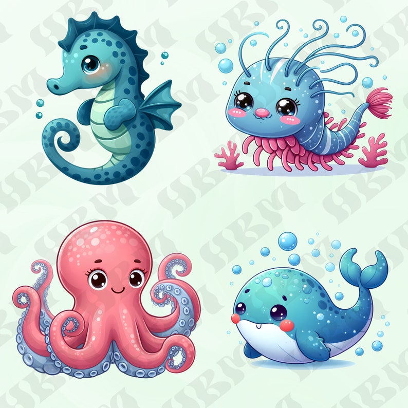 25 Cute Undersea Creatures Clipart Bundle, Jellyfish Nursery Decor ...