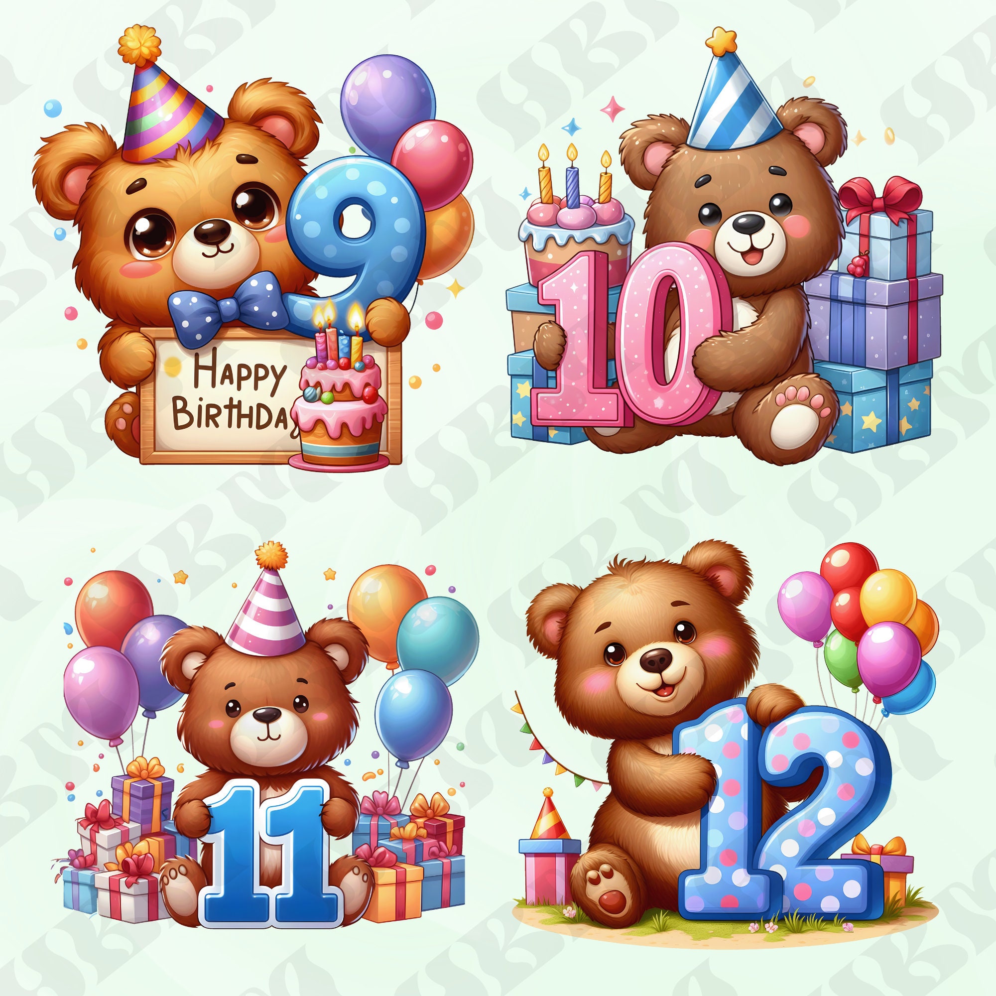 16 Cute Birthday Bears Clipart Bundle, Cartoon Teddy Sticker, Adorable ...